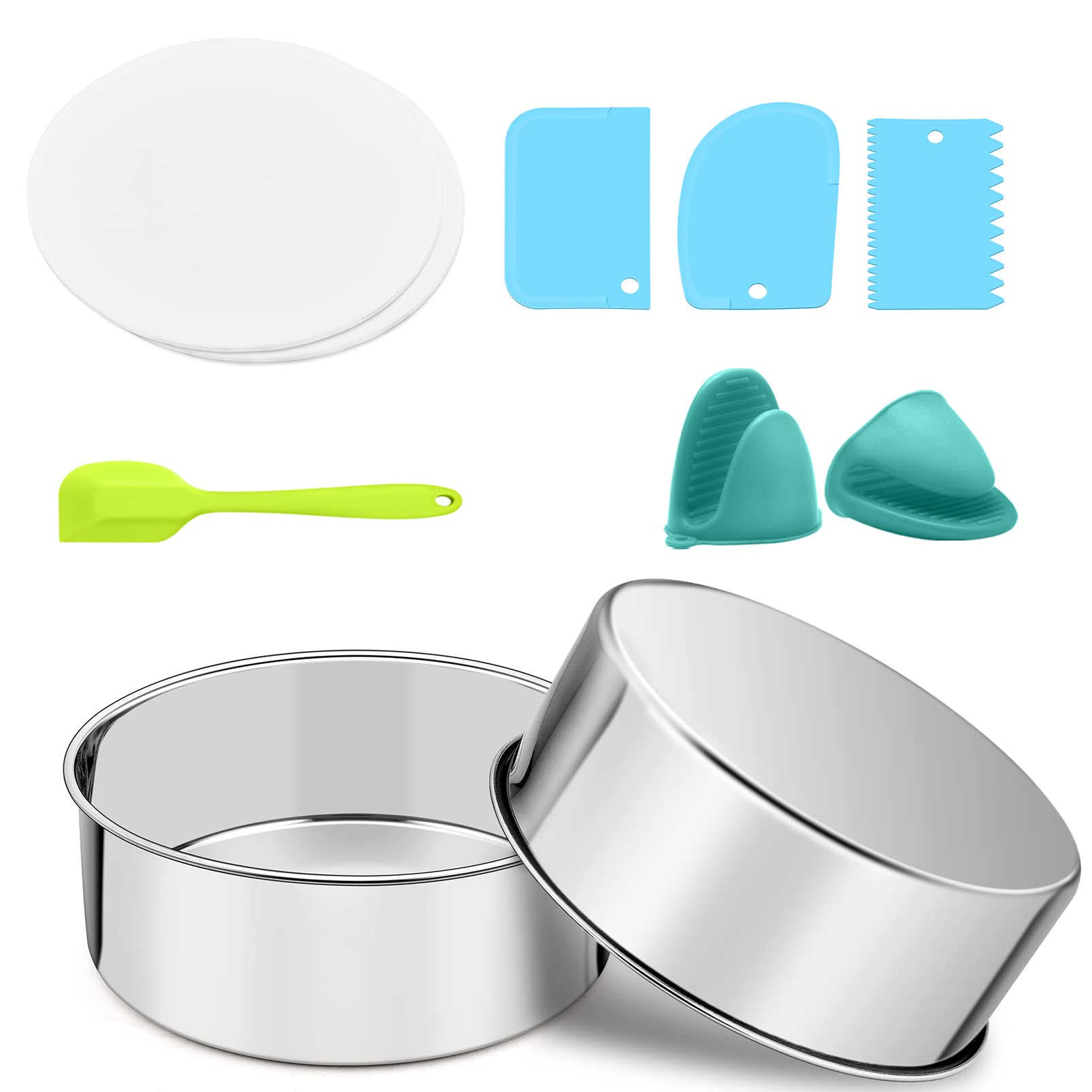 TeamFar Cake Pan, 2 Pcs 8x3 Inch Round Cake Pan, Stainless Steel Deep Layer Cake Pans with 60 Pcs Parchment Papers, 3 Pcs Cake Smoother Scrapers & Silicone Spatula & Mitts, Healthy & Practical