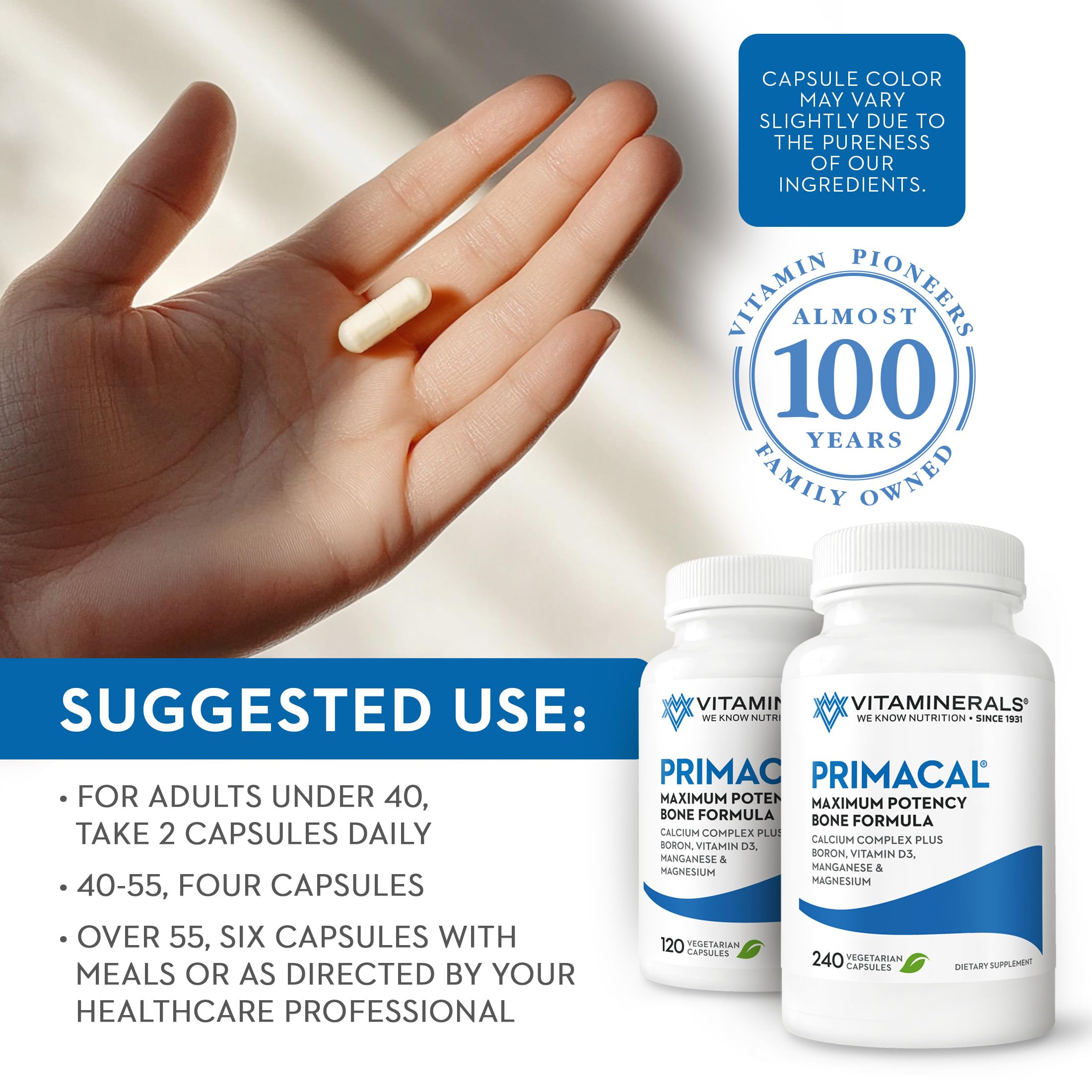 VITAMINERALS 95 Primacal® Bone Support Maximum Potency Calcium, Magnesium for Bone Loss (120)