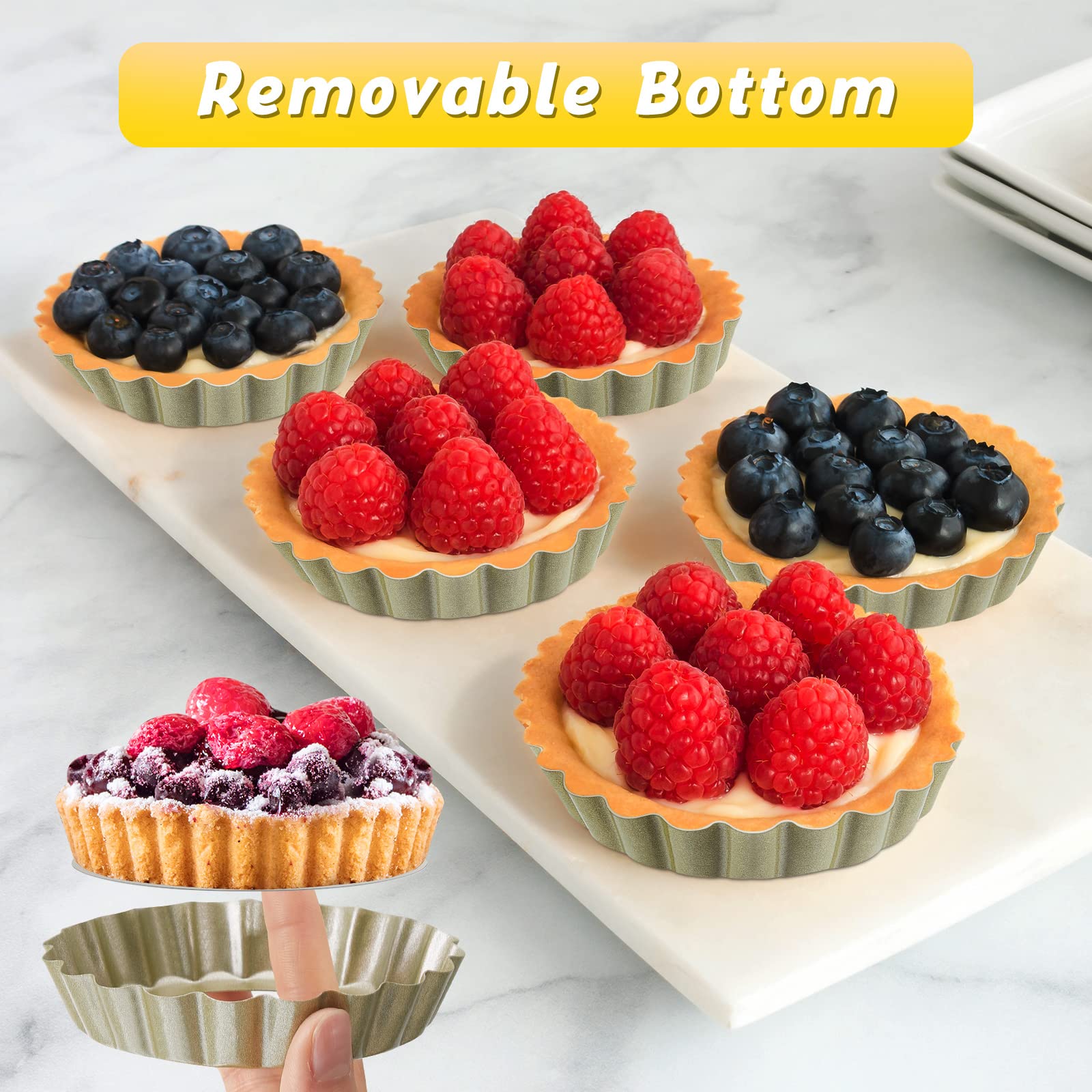 Tessco 16 Pieces Mini Tart Pans with Removable Bottom Nonstick Quiche Mini Pie Tart Pans Bakeware Mold Fluted Side for Pies(Gold Round,4 Inch)