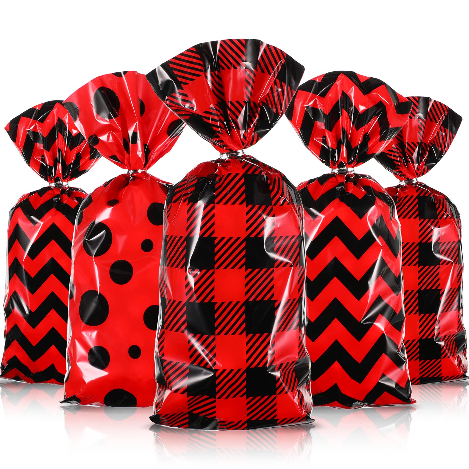120 Pieces Christmas Cello Candy Bags Buffalo Polka Dot Stripes Prints Plastic Goodie Treat Favor Bags with 200 Twist Ties for Winter Holiday Birthday Baby Shower Party Supplies (Red, Black)