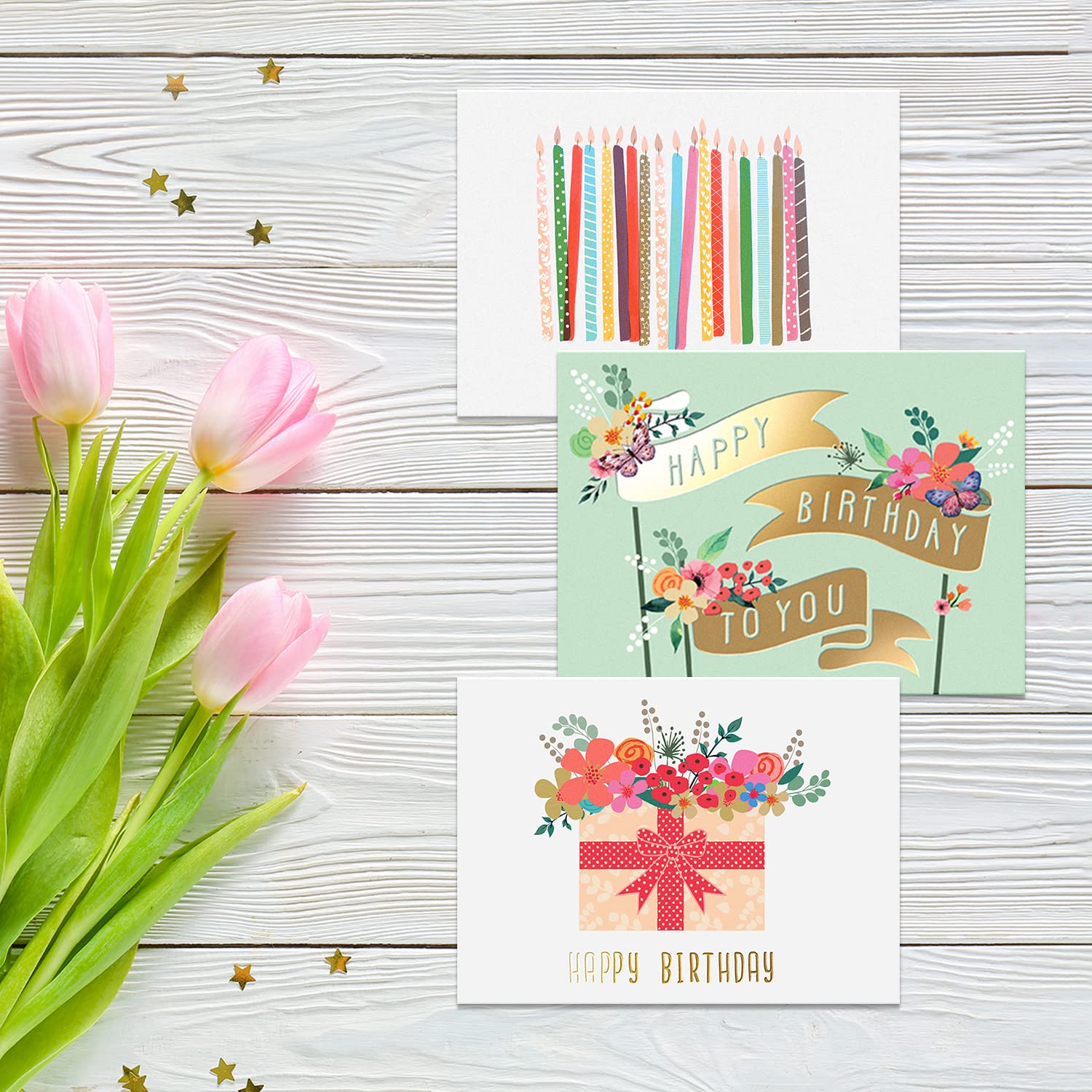 Sweetzer & Orange Gold Foil Bulk Birthday Cards Assortment – 48pc Bulk Happy Birthday Card with Envelopes Box Set – Assorted Blank Birthday Cards for Women, Men, and Kids in a Boxed Card Pack