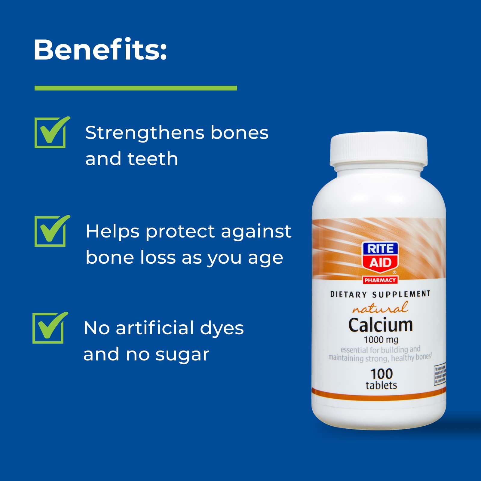 Rite Aid Calcium Supplement, 1000 mg - 100 Tablets | Supports Bone Health | Calcium Pills | Vitamin Calcium | Bone Health Supplement | Bone Supplement | Calcium Capsules | Calcium Tablets