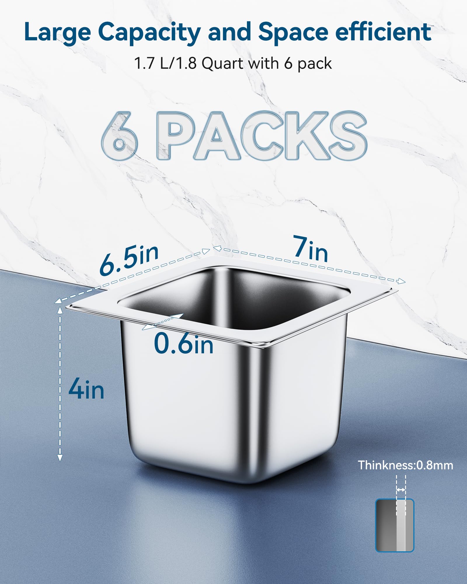 ZeroPone Hotel Pan 4" Deep Steam Table Pan 6 Pack 1/6 Size Hotel Pan 22 Gauge Stainless Steel Anti Jam Steam Table Pan