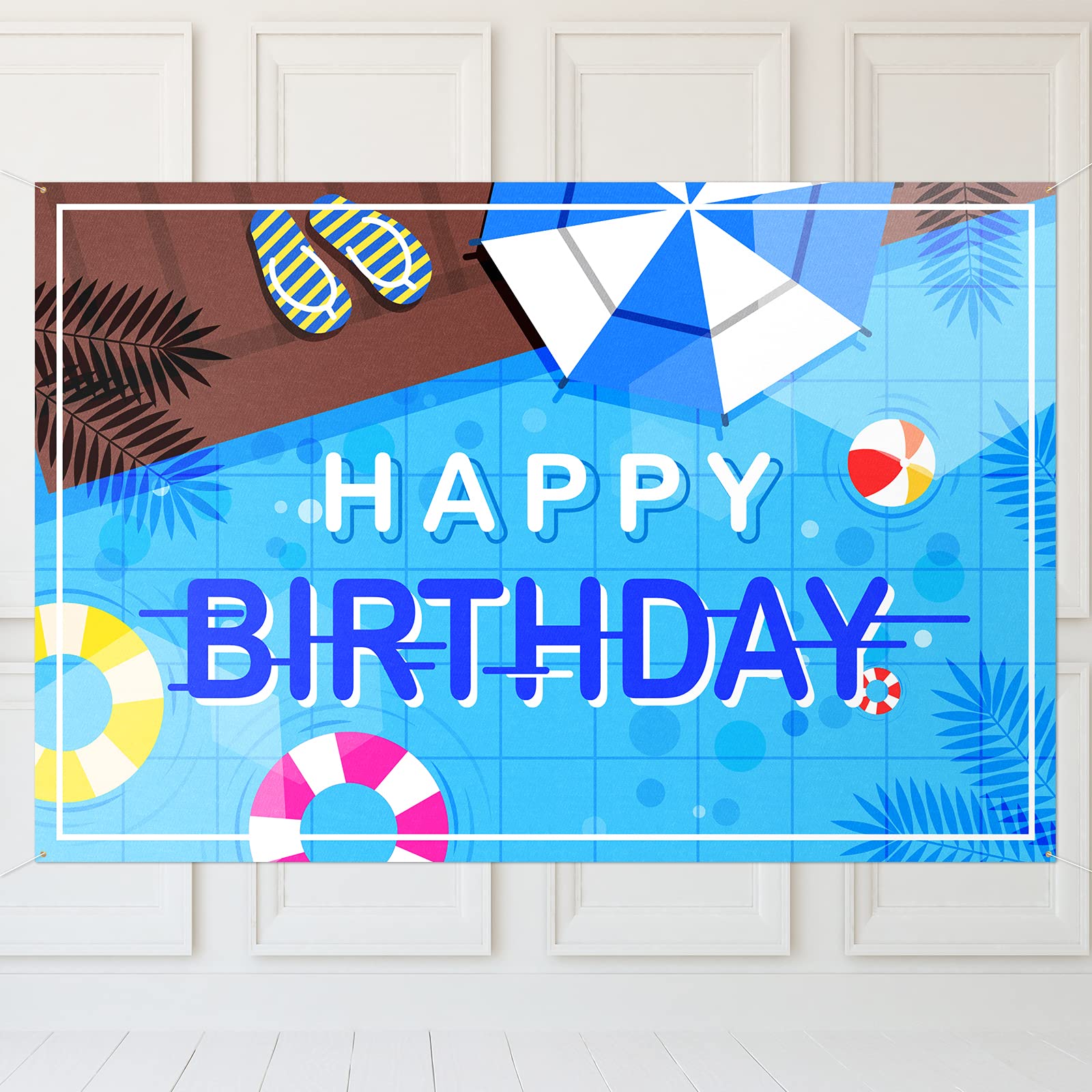 Swimming Pool Backdrop Banner Decor Blue – Happy Birthday Party Theme Decorations for Girls Boys Supplies