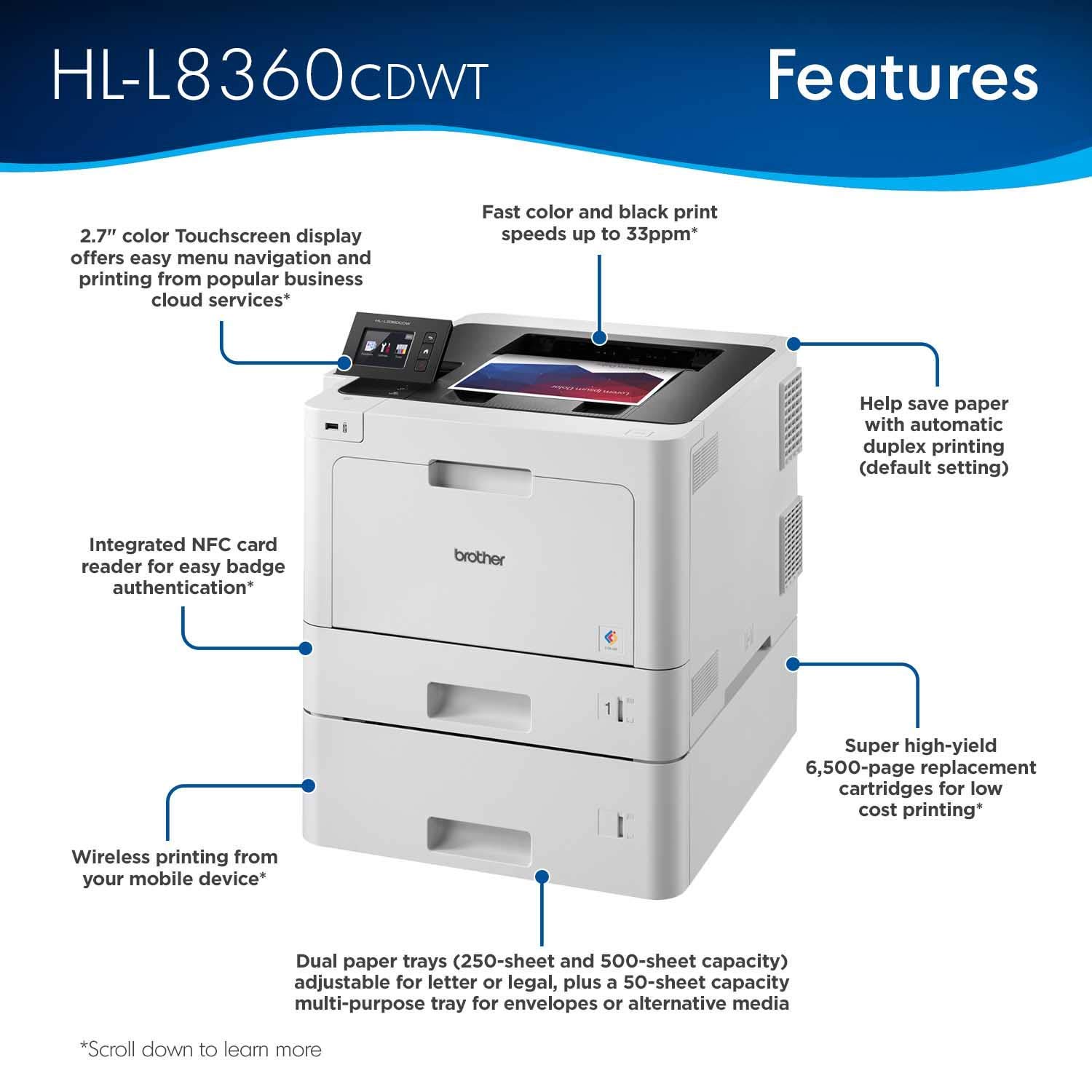 Brother HL-L8360CDWT Business Color Laser Printer, Wireless Networking, Auto 2-Sided Printing, 250-sheet or 500-sheet Capacity, 33 ppm, 512 MB, 2400 x 600 DPI, White-Bundle with JAWFOAL Printer Cable