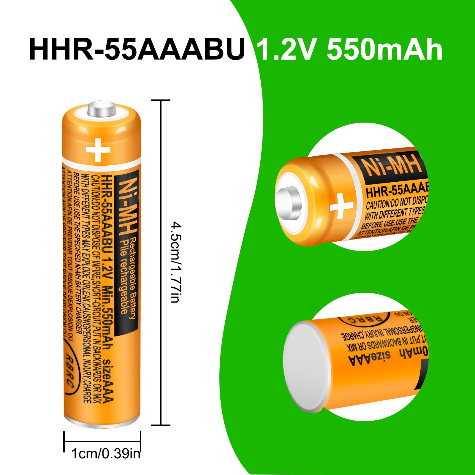 4 Pack HHR-55AAABU NI-MH Rechargeable Battery for Panasonic 1.2V 550mAh AAA Battery for Cordless Phones