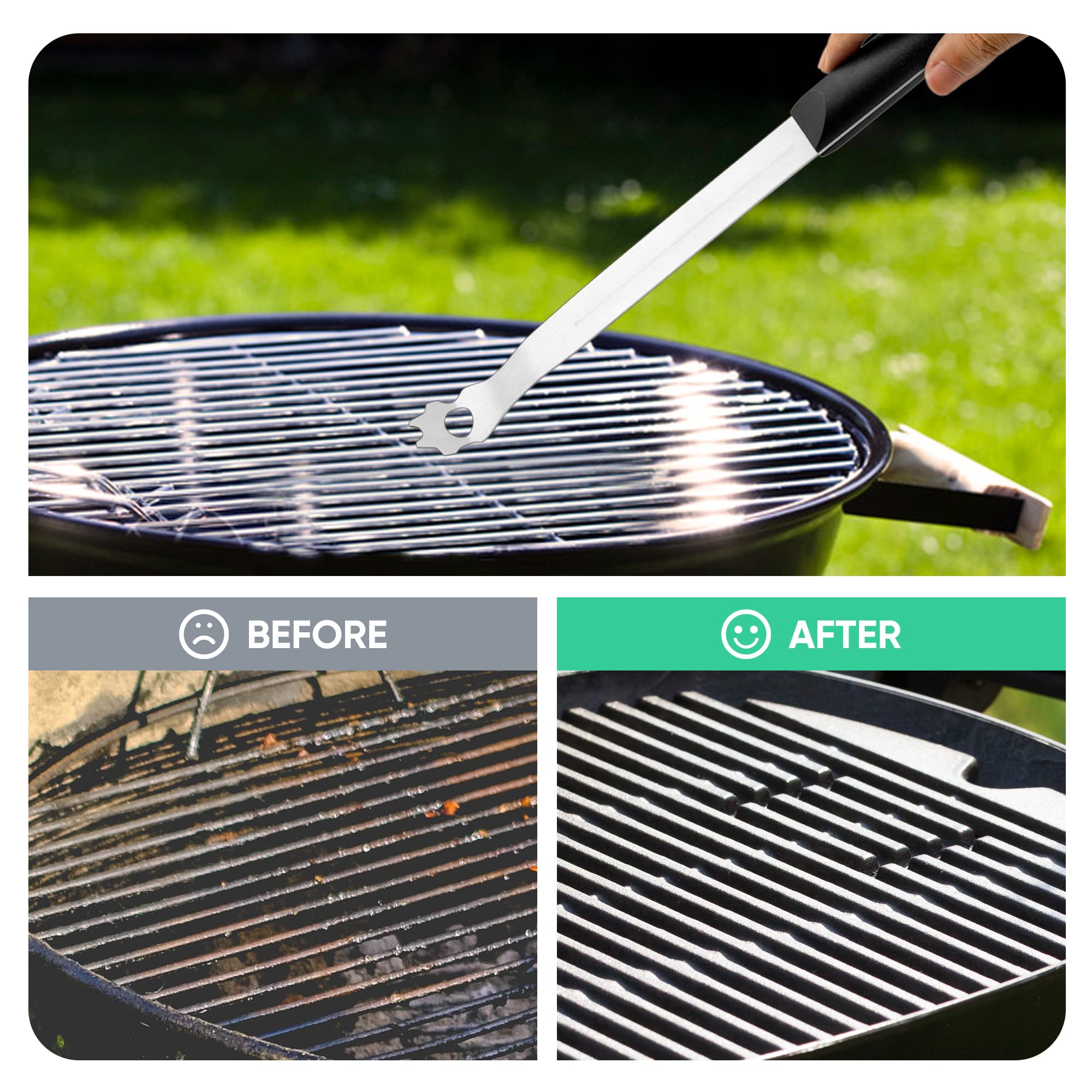 Grate Grill Scraper with Long Handle, Universal 14" Long Stainless Steel Grill Cleaner, Grill Grate Accessory, BBQ Barbecue Cleaning Gadgets, Hang Loop Included