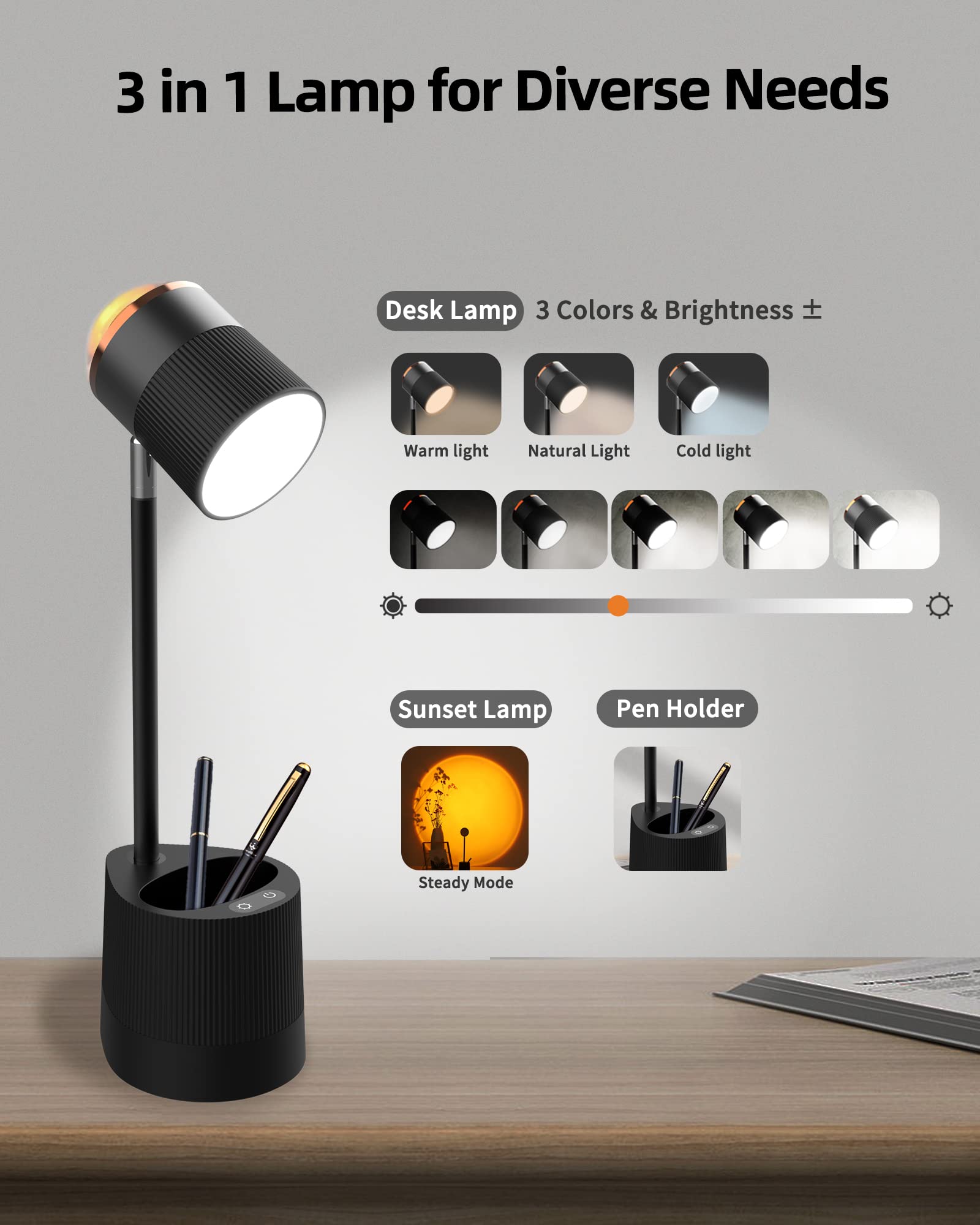 Flymuda LED Desk Lamp with Sunset Lamp, Pen Holder, Led Reading Lamp with 3 Color Modes, 360° Rotation, Battery Operated, Touch Control, Sunset Night Light & Desk Lamp 2 in 1 for Home Office - Black