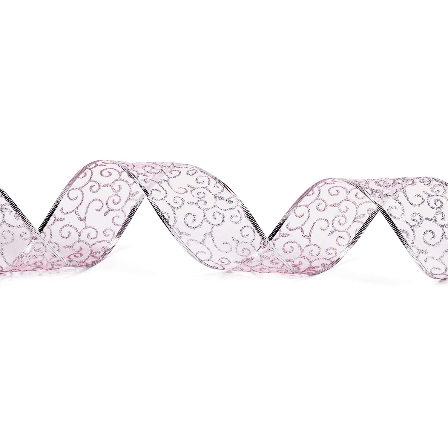 LaRibbons Wired Christmas Holiday Ribbon - Lt.Pink Swirl Sheer Glitter Ribbon - 2.5 inch x 25 Yard Each Roll - Silver Wired Edge