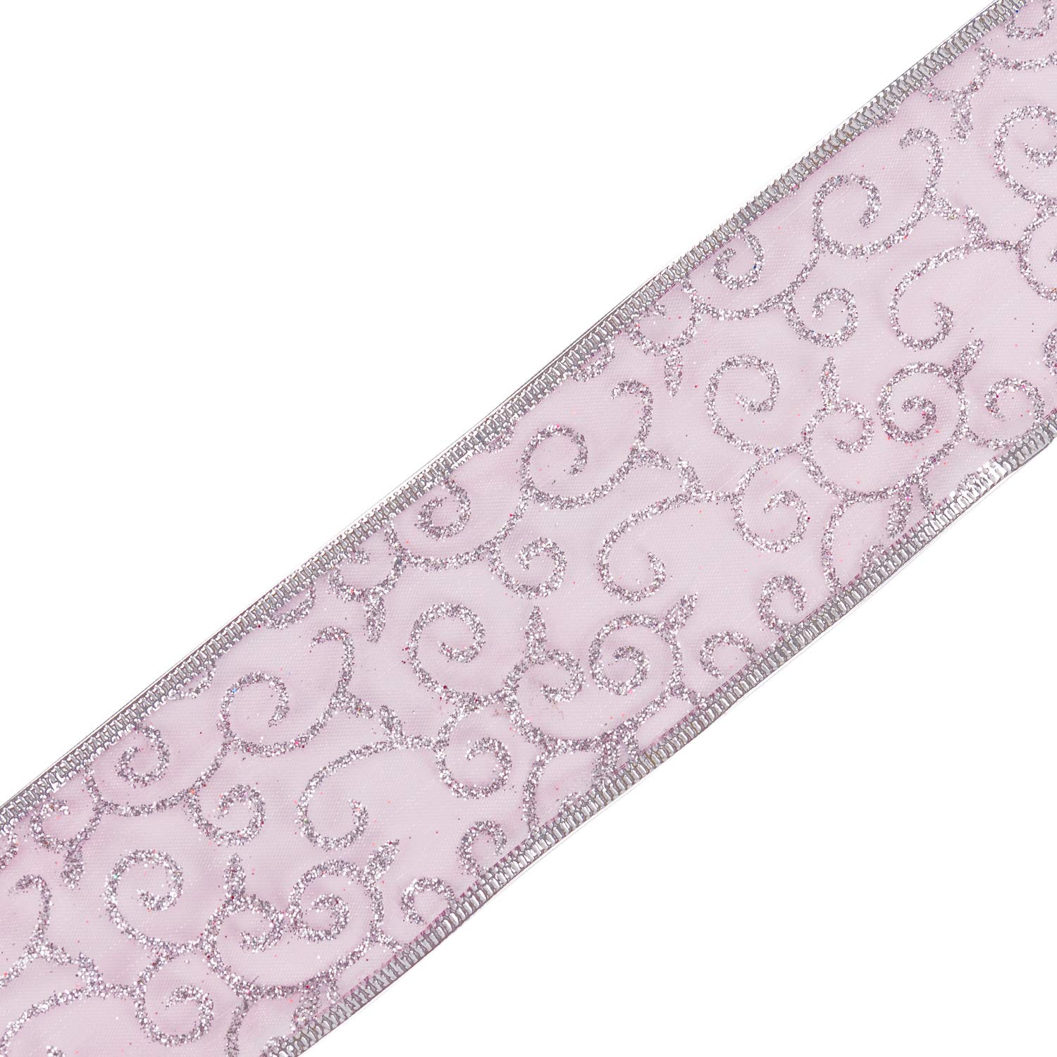 LaRibbons Wired Christmas Holiday Ribbon - Lt.Pink Swirl Sheer Glitter Ribbon - 2.5 inch x 25 Yard Each Roll - Silver Wired Edge