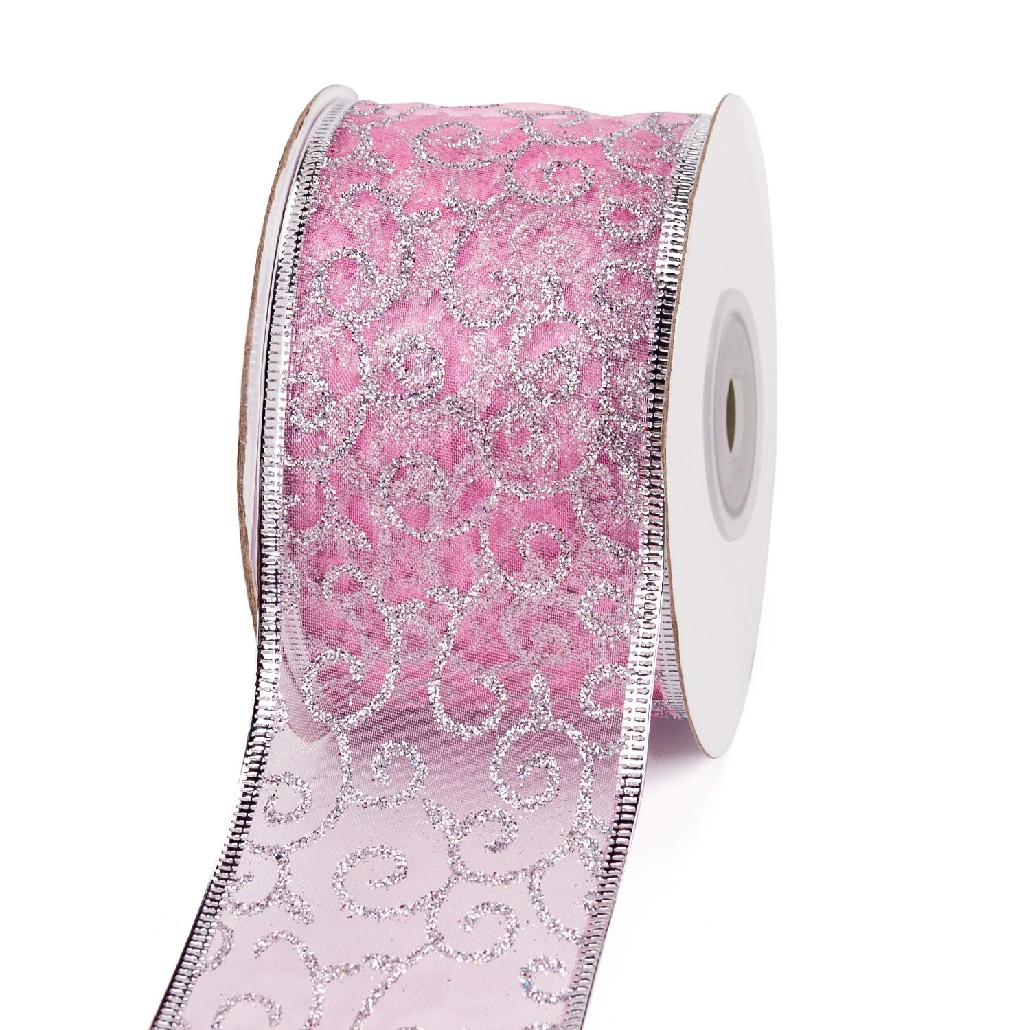 LaRibbons Wired Christmas Holiday Ribbon - Lt.Pink Swirl Sheer Glitter Ribbon - 2.5 inch x 25 Yard Each Roll - Silver Wired Edge