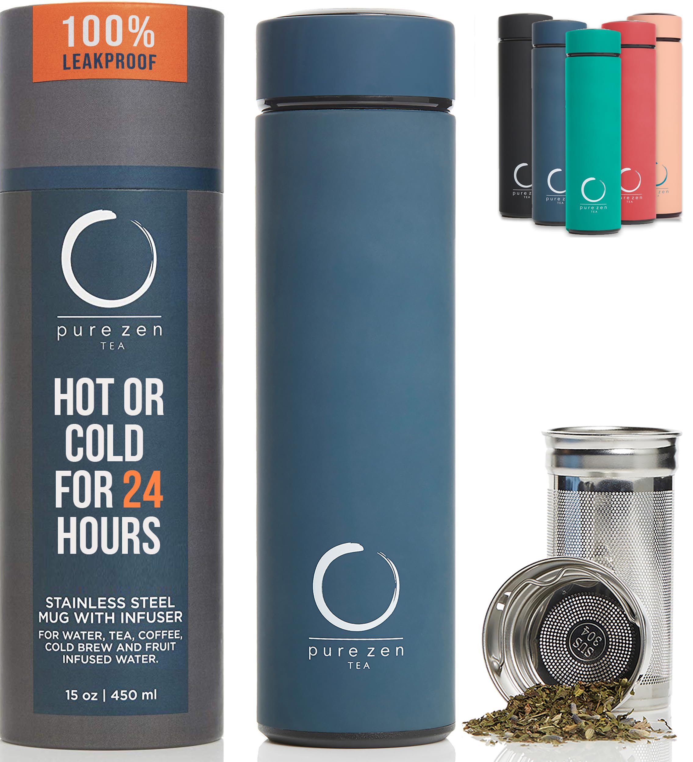 Pure Zen Tea Thermos with Infuser - Stainless Steel Insulated Tea Infuser Tumbler for Loose Leaf Tea, Iced Coffee and Fruit-Infused Water - Leakproof Tea Tumbler With Infuser - 15oz - Blue