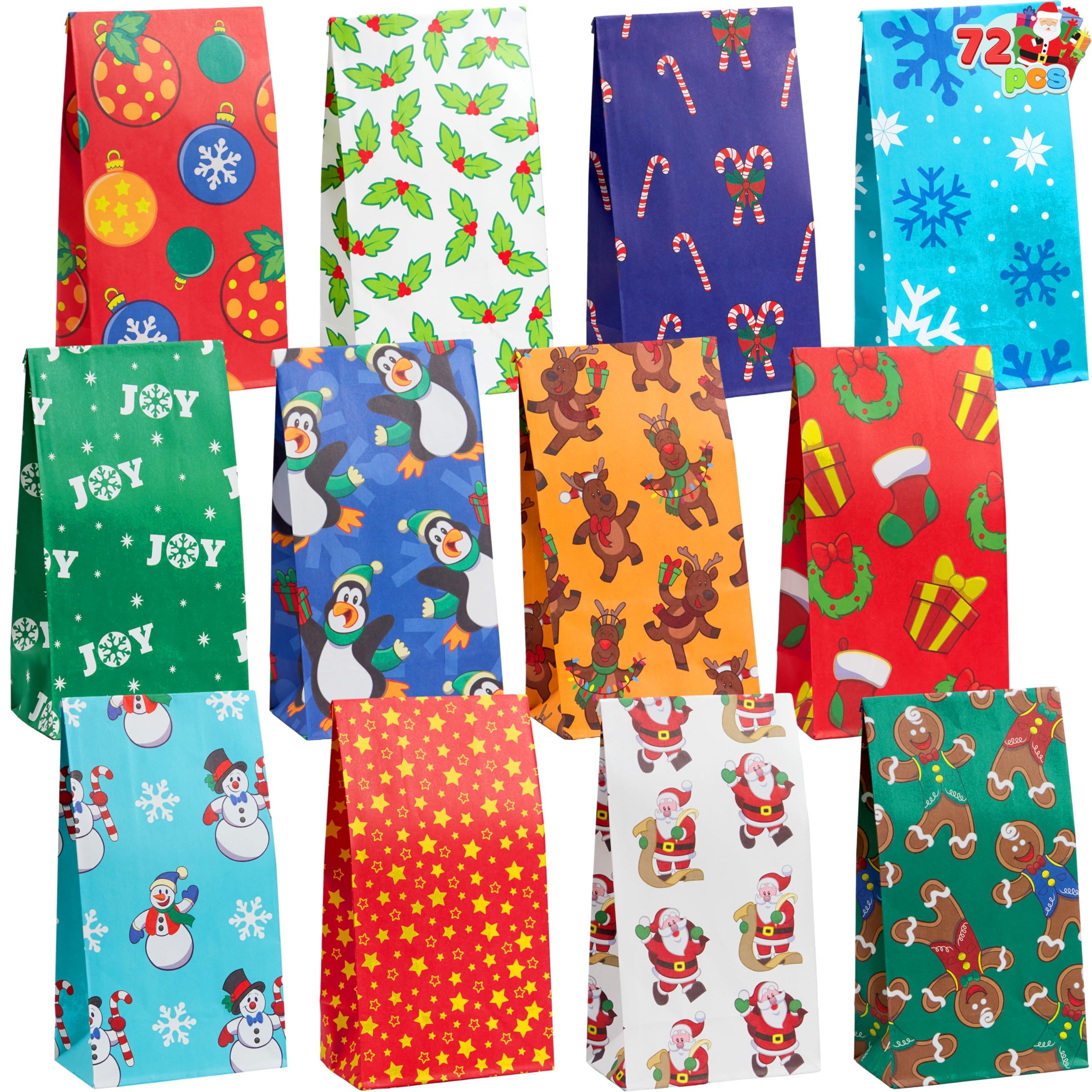 JOYIN 72 PCS of Christmas Holiday Goody Bags; 12 Assorted Christmas Designs Goodie Bags for Classrooms, Party Favors, Small Gift Bags, Kraft Bags and Christmas Craft Bags