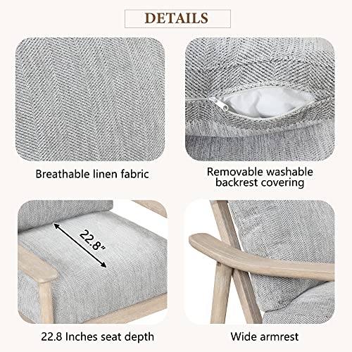 FIQHOME Mid Century Modern Solid Wood Frame,Arm Vertical Slatted Back,Thick Pad Upholstered Accent Chair for Living Room, Bedroom, Belcony,Natural