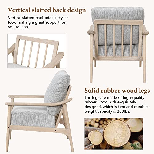 FIQHOME Mid Century Modern Solid Wood Frame,Arm Vertical Slatted Back,Thick Pad Upholstered Accent Chair for Living Room, Bedroom, Belcony,Natural