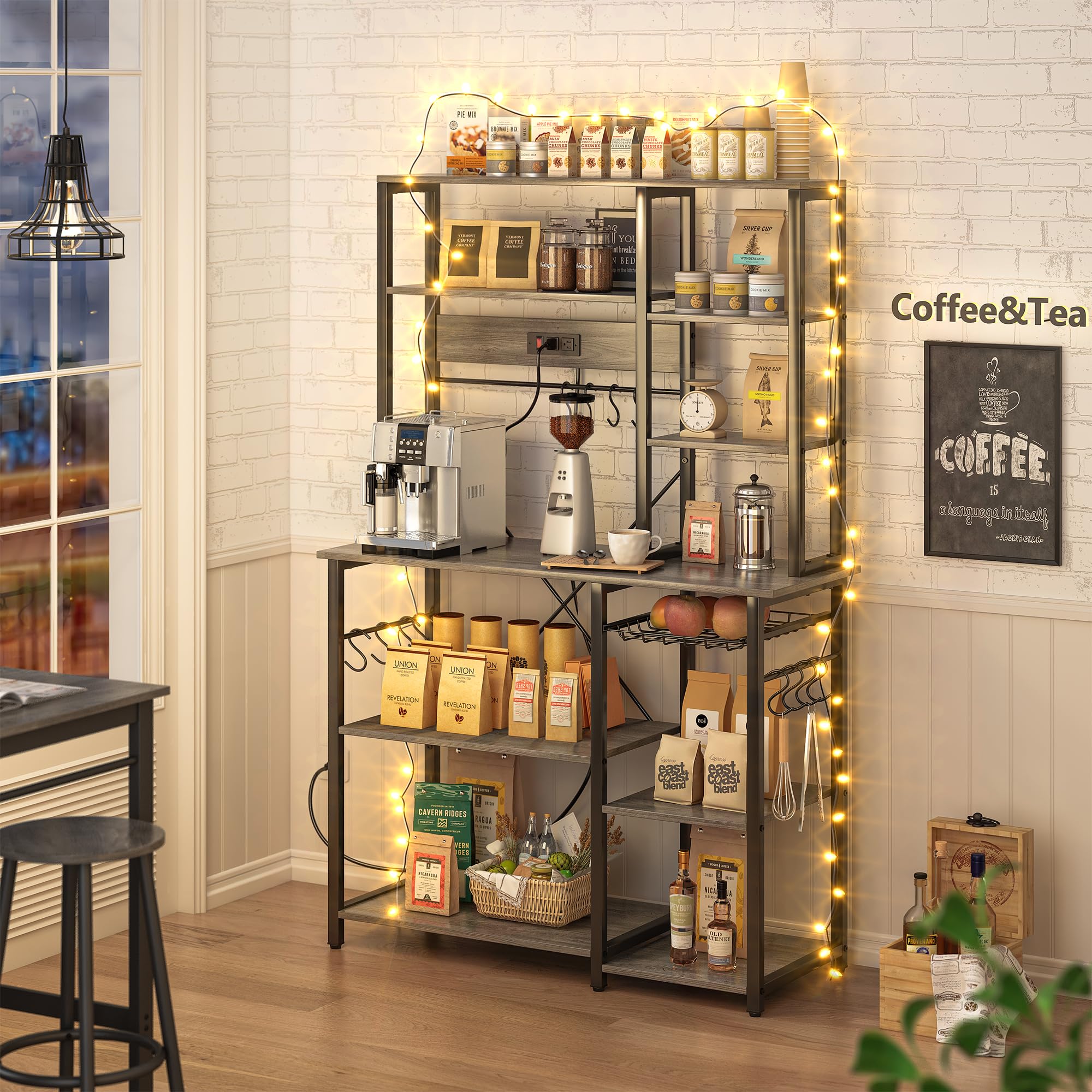 SUPERJARE Large Bakers Rack with Power Outlets, 6-Tier Microwave Stand, Coffee Bar with 12 S-Shaped Hooks, Kitchen Shelf with Wire Basket, 39.3 x 15.5 x 66.9 Inches, Charcoal Gray
