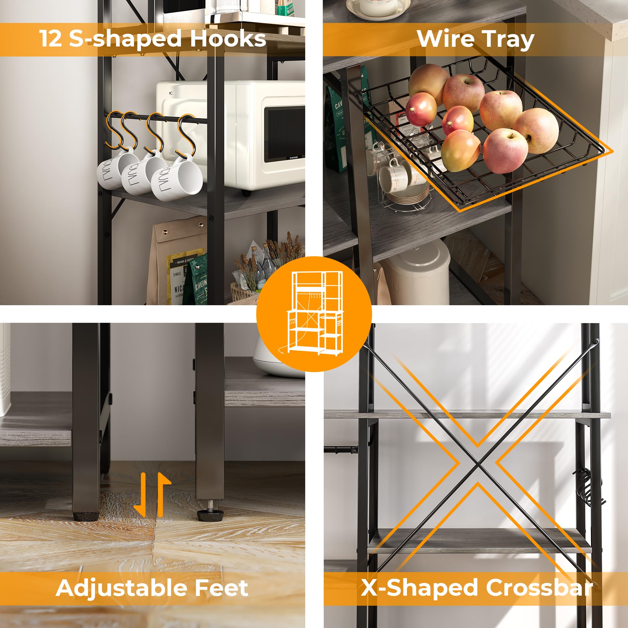SUPERJARE Large Bakers Rack with Power Outlets, 6-Tier Microwave Stand, Coffee Bar with 12 S-Shaped Hooks, Kitchen Shelf with Wire Basket, 39.3 x 15.5 x 66.9 Inches, Charcoal Gray