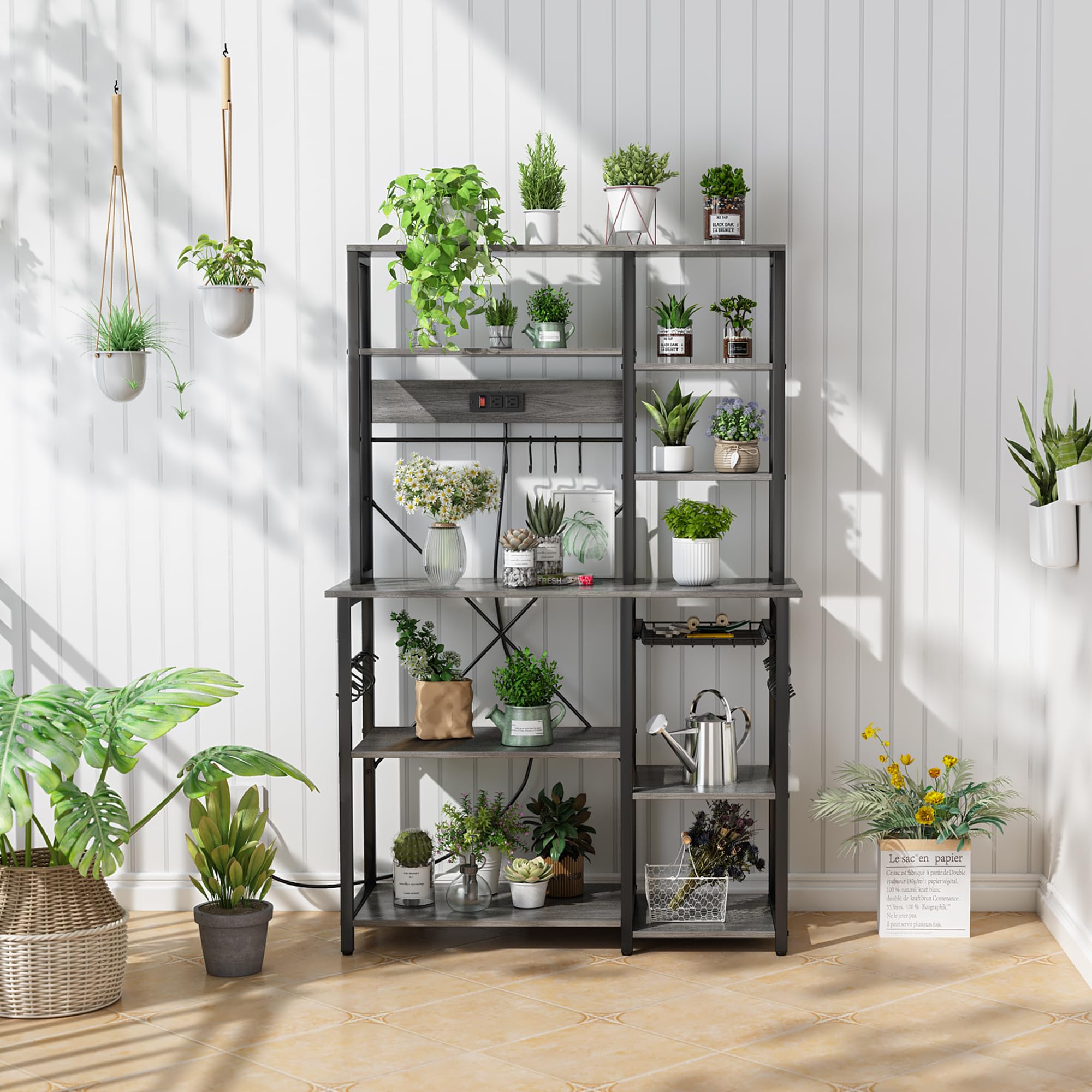 SUPERJARE Large Bakers Rack with Power Outlets, 6-Tier Microwave Stand, Coffee Bar with 12 S-Shaped Hooks, Kitchen Shelf with Wire Basket, 39.3 x 15.5 x 66.9 Inches, Charcoal Gray