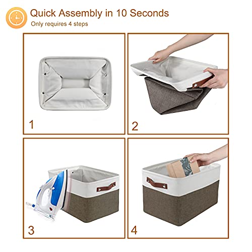 D.K AMZ Foldable Storage Bins with Handles, Rectangle Fabric Storage Basket for Shelves, Collapsible Closet Organizer for Home Office, 3 pack-15 x 11 Inches, Beige and Brown (YMXHZ019004)