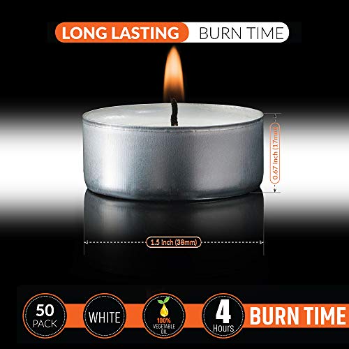 Unscented Tealight Candles | 4-Hour Long Burn Time, 50 Pack | Smokeless and Dripless White Tea Light Candles | Small Tea Candles for Home, Travel, Weddings, Shabbat, & Emergencies
