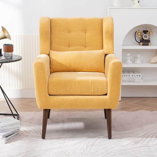 Lefosure Modern Accent Chairs,Upholstered Arm Chairs with Pillow,Mid Century Sofa Chairs with Chenille Fabric,Comfy Reading Chair for Living Room,Bedroom (Yellow, Set of 2)