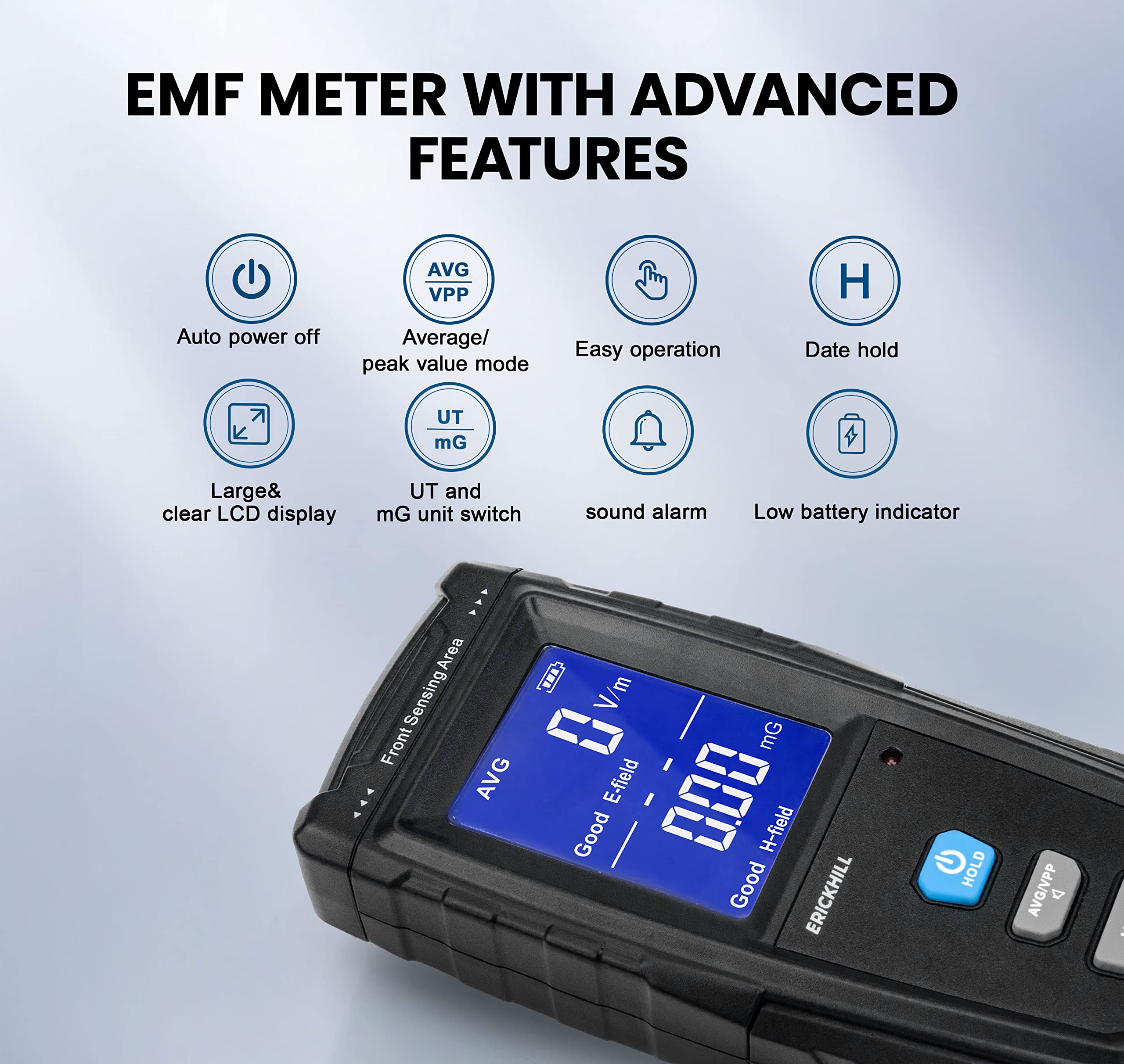 ERICKHILL EMF Meter Rechargeable Digital Electromagnetic Field Radiation Detector with LCD Hand-held Tester, Ghost Hunting EMF Detector for EMF Inspections, Office, Home, and Outdoor