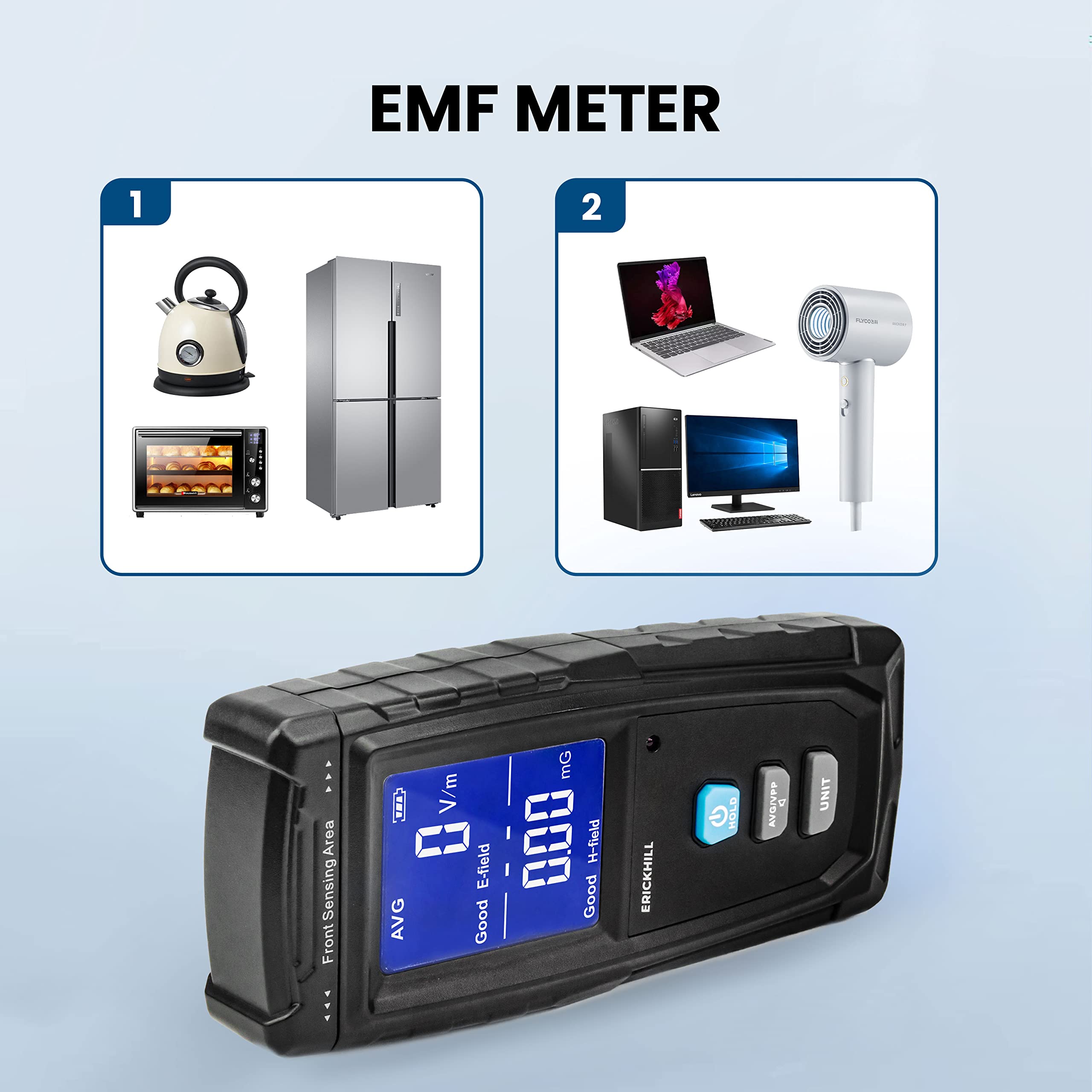 ERICKHILL EMF Meter Rechargeable Digital Electromagnetic Field Radiation Detector with LCD Hand-held Tester, Ghost Hunting EMF Detector for EMF Inspections, Office, Home, and Outdoor