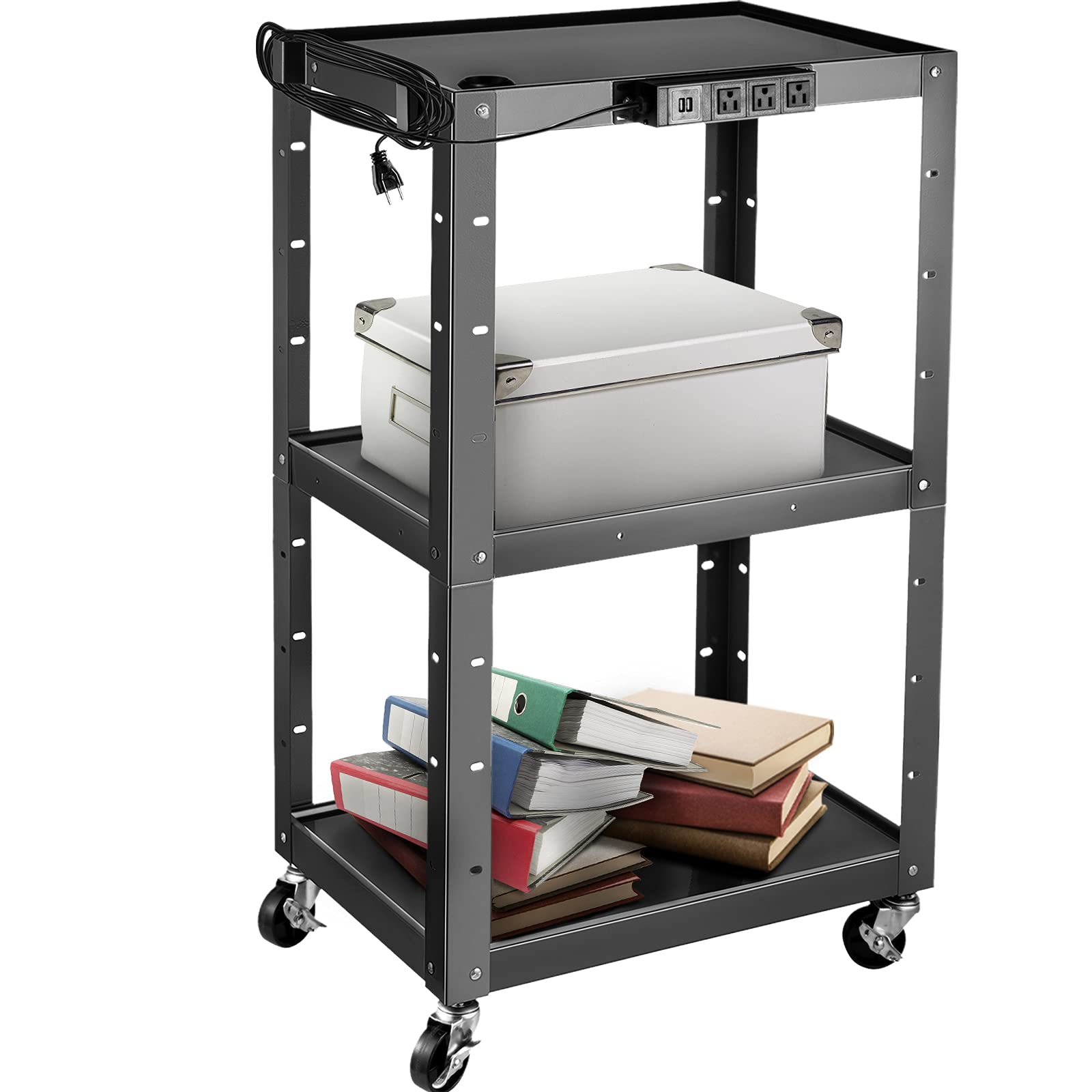 VEVOR Steel AV Cart, 24-42" Height Adjustable Media Cart with Electric Power Cord, 24 x 32 Presentation Cart with 3 Shelves, 150 LBS Rolling Projector Cart with and 2 Brakes Suitable for Load-Bearing