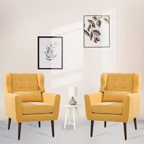 Lefosure Modern Accent Chairs,Upholstered Arm Chairs with Pillow,Mid Century Sofa Chairs with Chenille Fabric,Comfy Reading Chair for Living Room,Bedroom (Yellow, Set of 2)