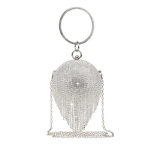 GUOZI Womens Round Ball Crystal Evening Clutch Purse with Tassel, Glitter Rhinestones Crossbody Shoulder Handbag for Wedding Party
