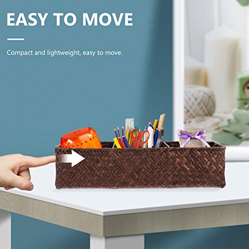 Hemoton Small Wicker Basket with Lid Wicker Cube Storage Baskets Sea Grass Woven Storage Basket Bin Sundries Organizer 3 Compartments Wicker Baskets (Coffee) Narrow Basket