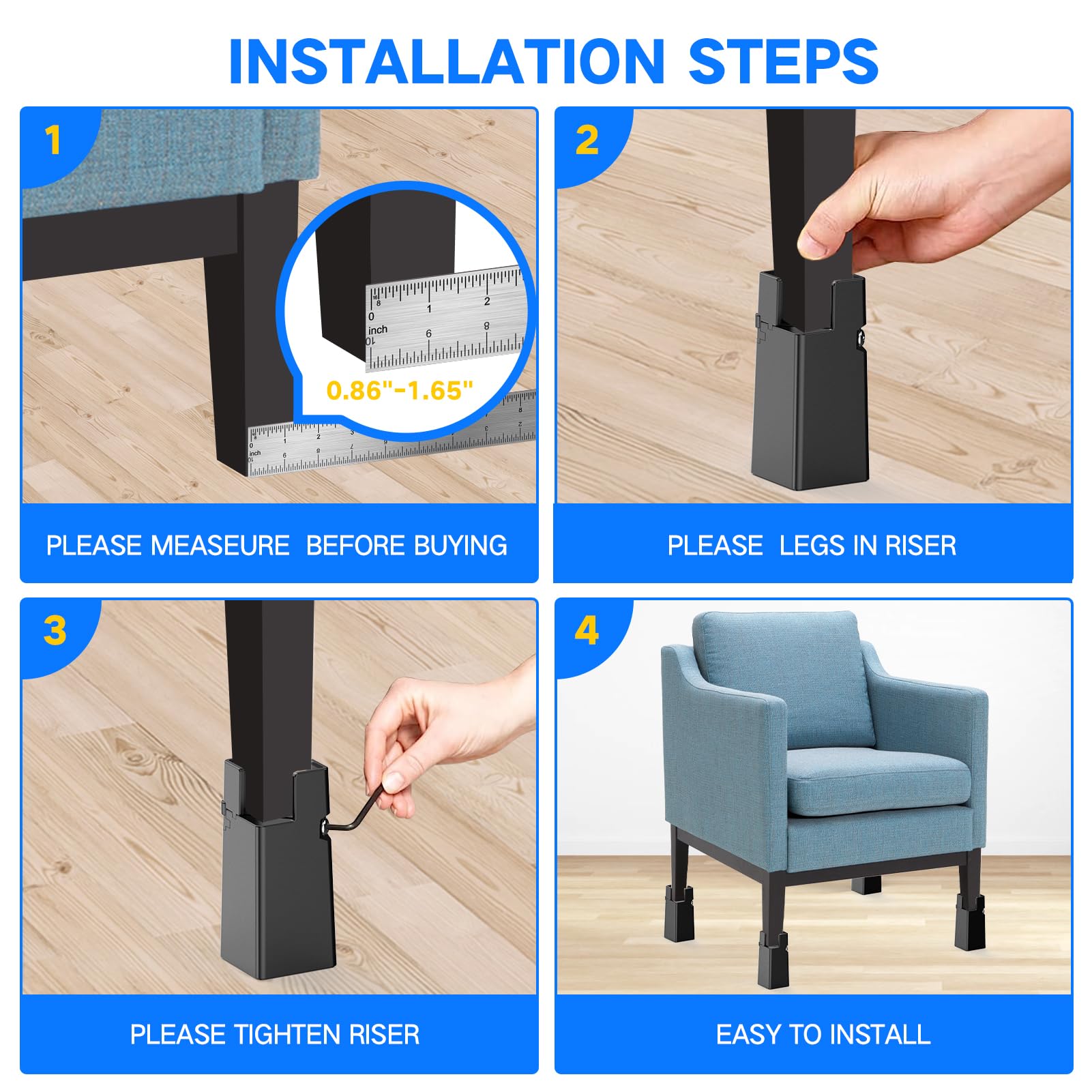 XNN Furniture Risers Adjustable Bed Risers 4 Inch with Screw Clamps, Chair Risers, Fit Small Furniture Legs Diameter from 0.8"-1.6" Table Leg Extenders, Desk Sofa Risers, Supports 20000 LBS (4 Pack)