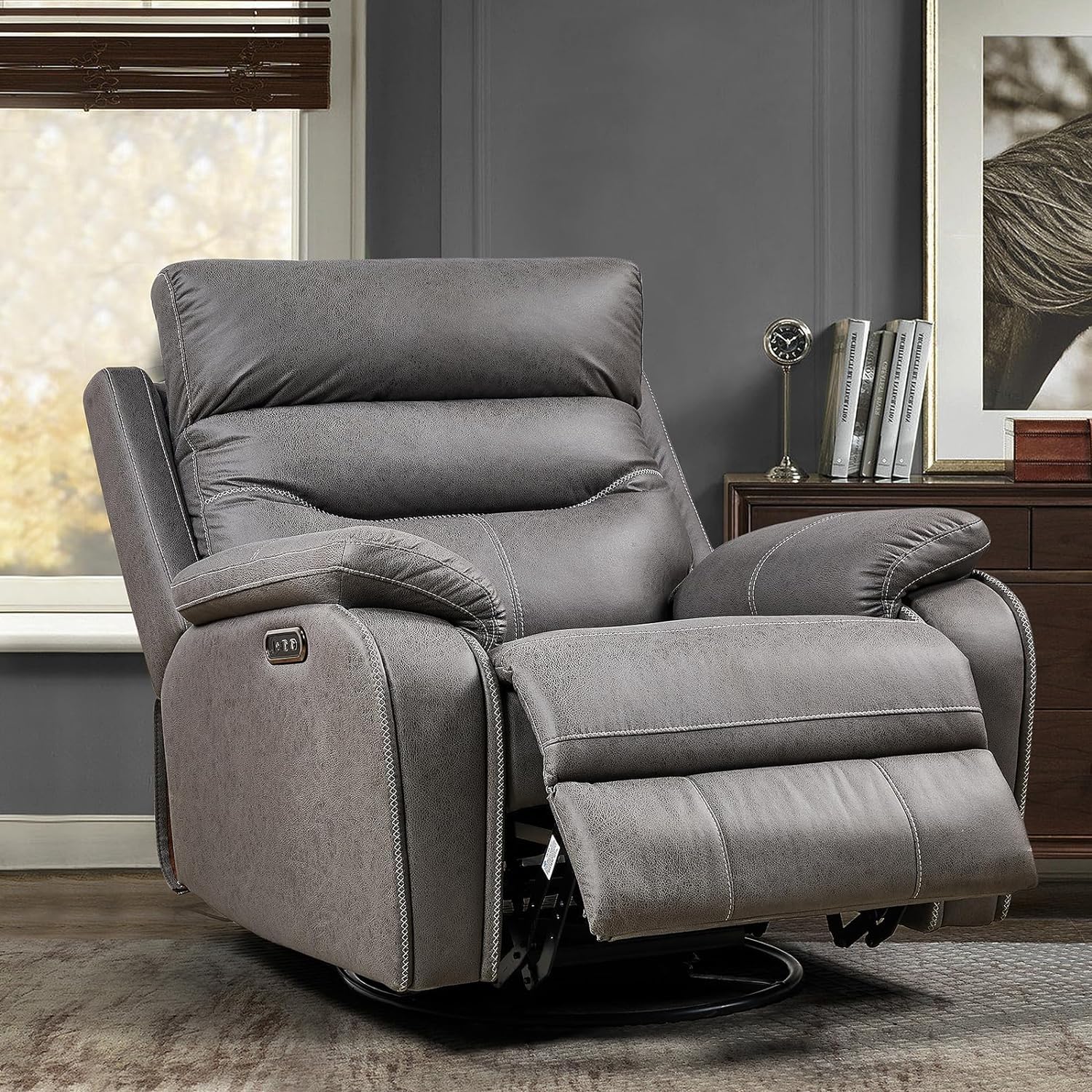 LAVHOME Electric Recliner Sofa,Dual OKIN Motor Rocking and 240 Degree Swivel Living Room, Nursery Glider Chair,with USB Port & Power Adjustable Headrest,Home Theater Seating, XL, Gray