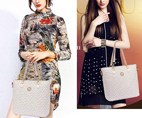RainboSee Women 6 Pcs Handbag Tote Stitching Shoulder Bag PU Top Handle Hobo Satchel Purse Clutch Beige