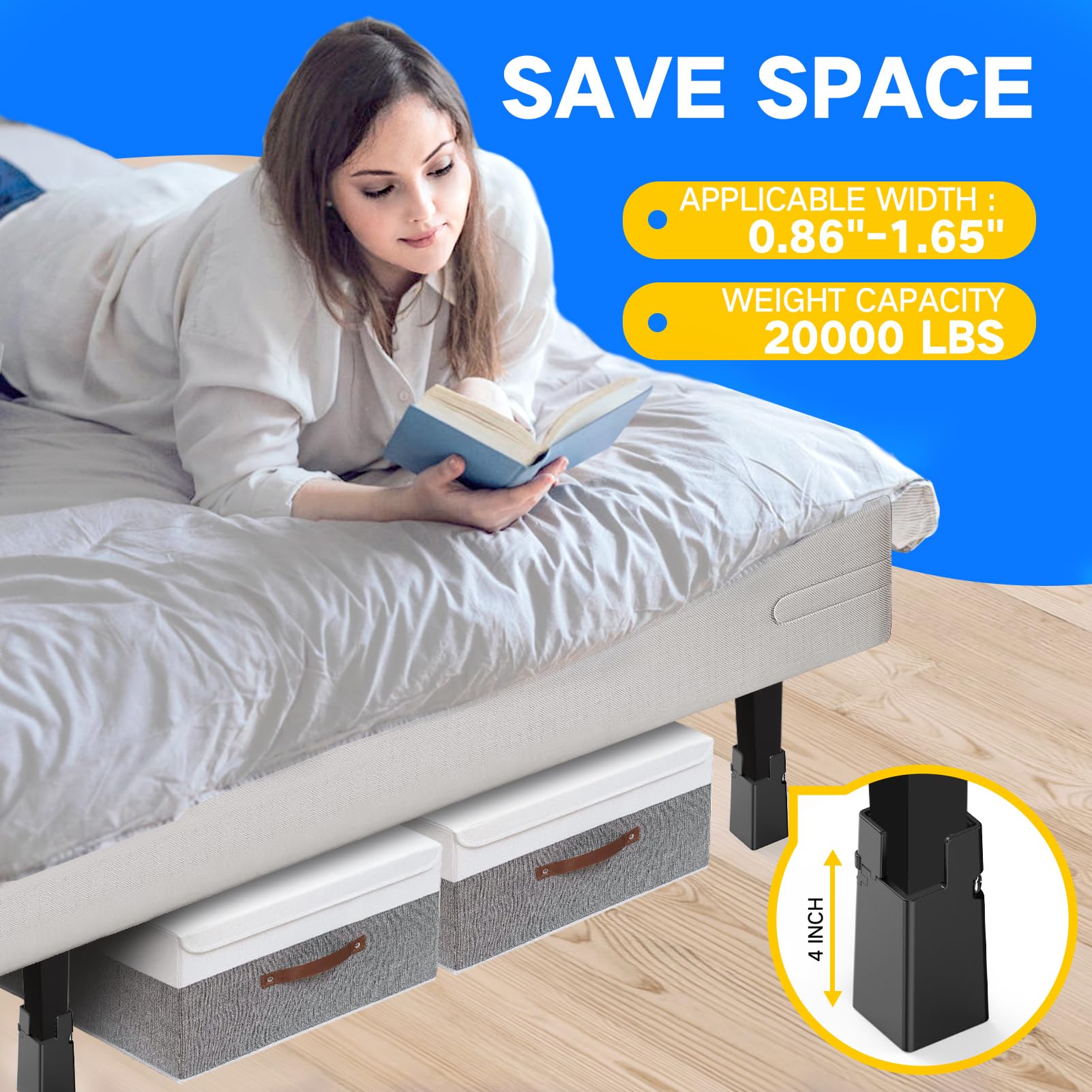 XNN Furniture Risers Adjustable Bed Risers 4 Inch with Screw Clamps, Chair Risers, Fit Small Furniture Legs Diameter from 0.8"-1.6" Table Leg Extenders, Desk Sofa Risers, Supports 20000 LBS (4 Pack)