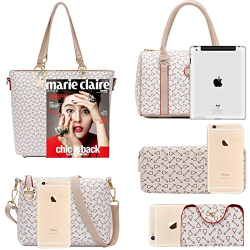 RainboSee Women 6 Pcs Handbag Tote Stitching Shoulder Bag PU Top Handle Hobo Satchel Purse Clutch Beige