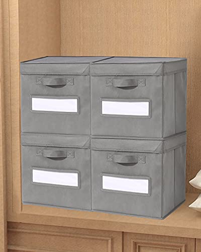 Collapsible Storage Containers Cubes 3pcs Fabric Cube Storage Bins with Lids for Organizing Shelves Home Bedroom Closet Office,Storage Boxes Baskets Organizer with Label & Pen,Large (Beige)