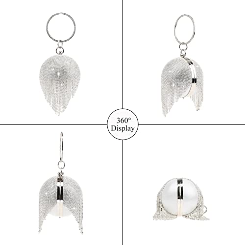 GUOZI Womens Round Ball Crystal Evening Clutch Purse with Tassel, Glitter Rhinestones Crossbody Shoulder Handbag for Wedding Party