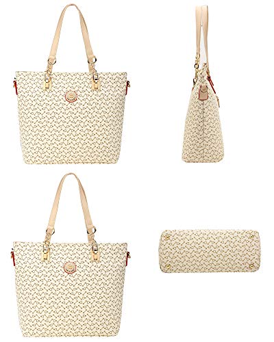 RainboSee Women 6 Pcs Handbag Tote Stitching Shoulder Bag PU Top Handle Hobo Satchel Purse Clutch Beige