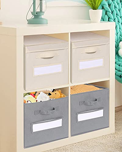 Collapsible Storage Containers Cubes 3pcs Fabric Cube Storage Bins with Lids for Organizing Shelves Home Bedroom Closet Office,Storage Boxes Baskets Organizer with Label & Pen,Large (Beige)