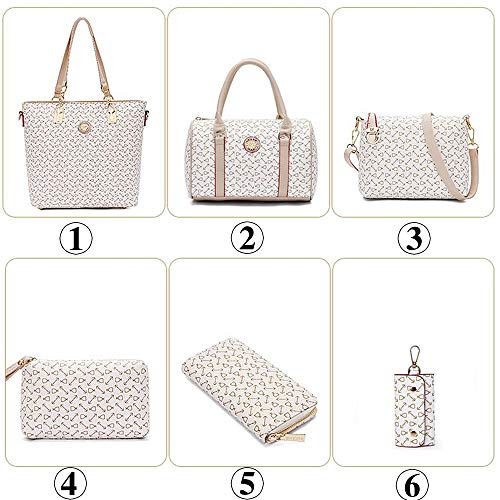 RainboSee Women 6 Pcs Handbag Tote Stitching Shoulder Bag PU Top Handle Hobo Satchel Purse Clutch Beige