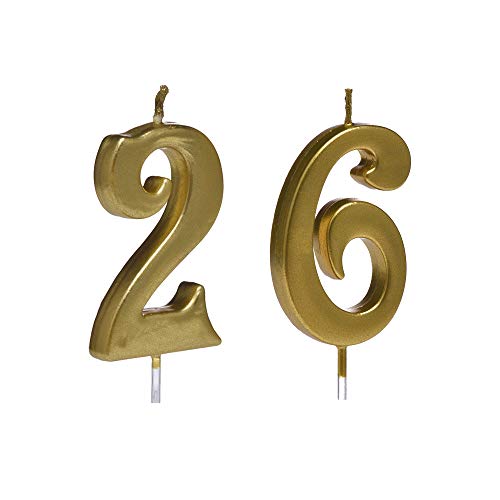 Bailym Gold 26th Birthday Candles, Number 26 Cake Topper for Birthday Decorations
