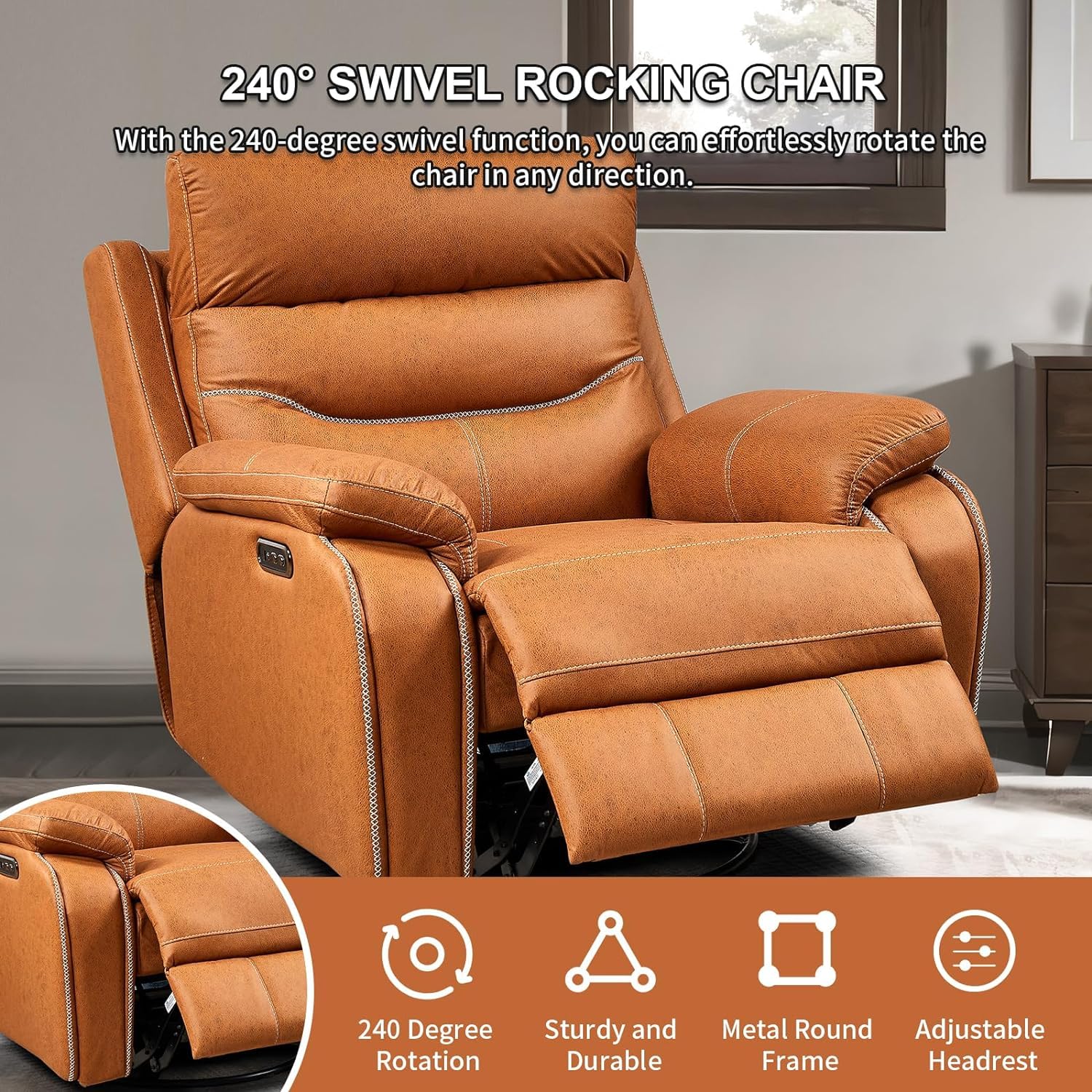 HLTIHOME Electric Dual Okin Motor Rocking and 240 Degree Swivel Single Sofa Seat Recliner Chair Infinite Position,Head Rest with Power Function, XL, Brown
