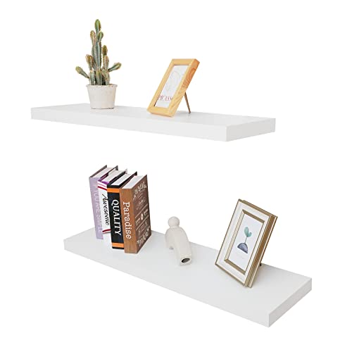 Floating Wall Shelf Set of 2, Wood Wall Decor Storage Shelf, Wall Mount Display Rack for Bedroom, Living Room, Bathroom, Kitchen, Office