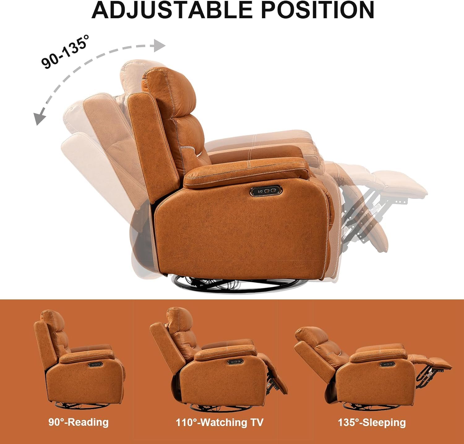 HLTIHOME Electric Dual Okin Motor Rocking and 240 Degree Swivel Single Sofa Seat Recliner Chair Infinite Position,Head Rest with Power Function, XL, Brown