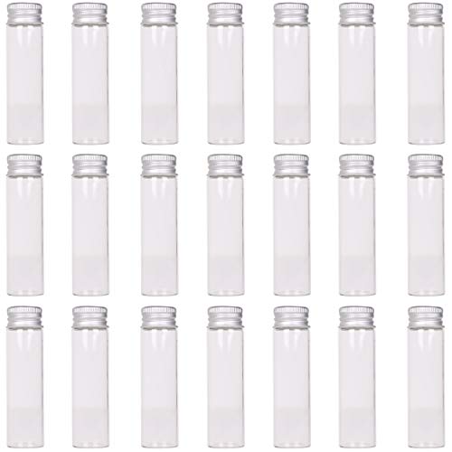 MaxMau 24 Glass Small Bottles 20ml Mini Jars with Screwed Metal Lids Clear Tiny Vials Aluminium Top Caps Sealed Storing Jewelry Beads Miniature Sample Bottle Wedding Favors Art Crafts DIY Decor