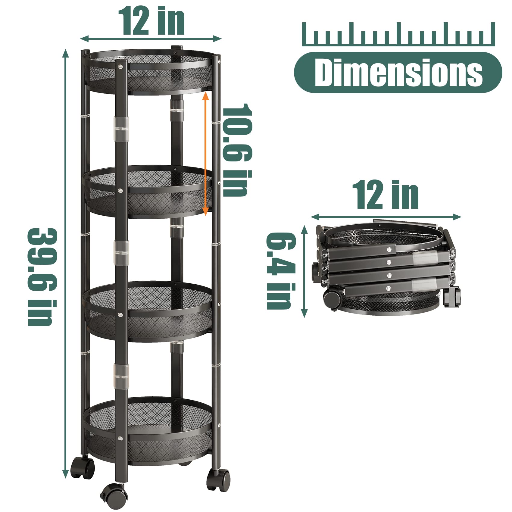 Collapsible Rolling Cart, 4-Tier Metal Storage Utility Cart for Kitchen Home Office Outdoor, Black