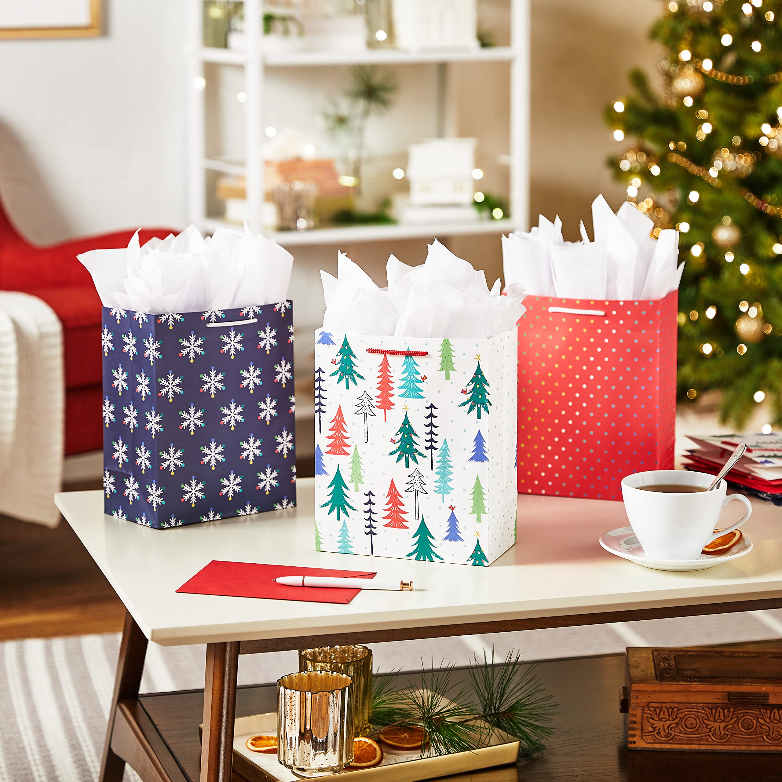 Hallmark 9" Medium Holiday Gift Bag Bundle (6 Bags, 3 Designs: Red Polka Dot, Colorful Christmas Trees, Navy Snowflake) for Christmas, Birthdays, Kids