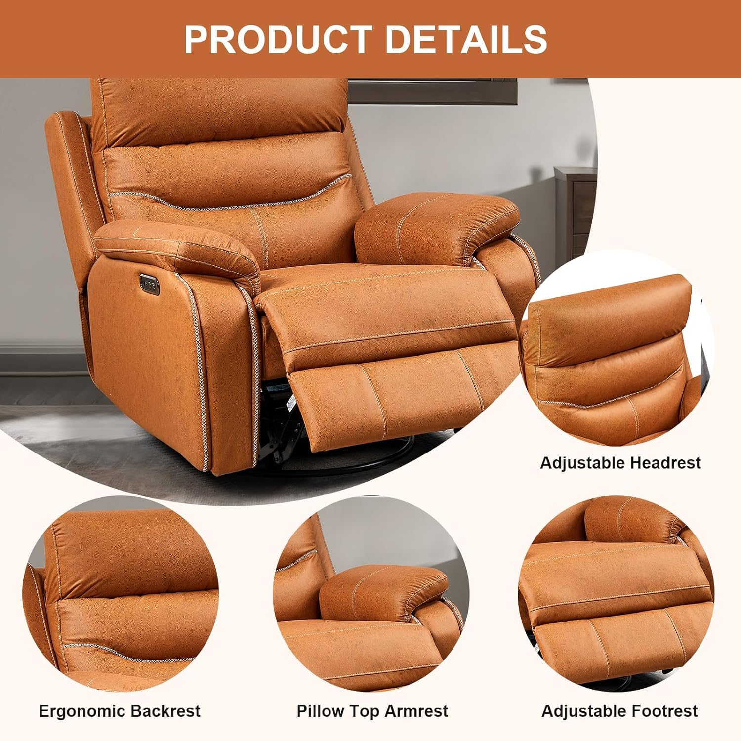 HLTIHOME Electric Dual Okin Motor Rocking and 240 Degree Swivel Single Sofa Seat Recliner Chair Infinite Position,Head Rest with Power Function, XL, Brown
