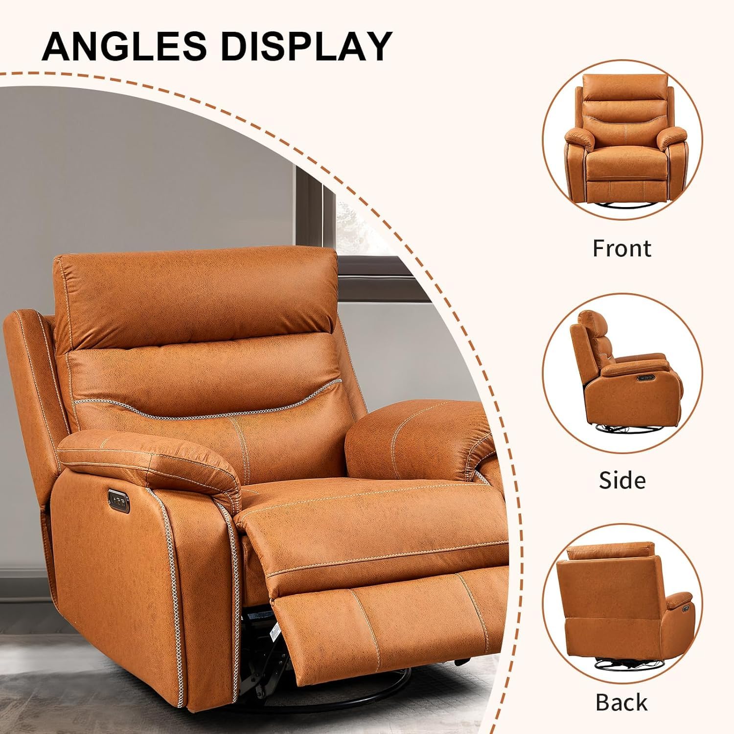 HLTIHOME Electric Dual Okin Motor Rocking and 240 Degree Swivel Single Sofa Seat Recliner Chair Infinite Position,Head Rest with Power Function, XL, Brown